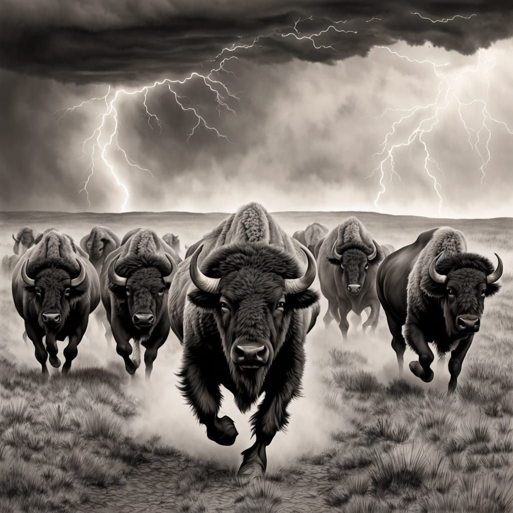 Buffalo Stampede - Monochrome Charcoal Buffalo Stampede in L...