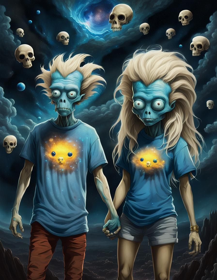 Two aliens holding hands, one with teased messy tall blonde hair. Dark ...