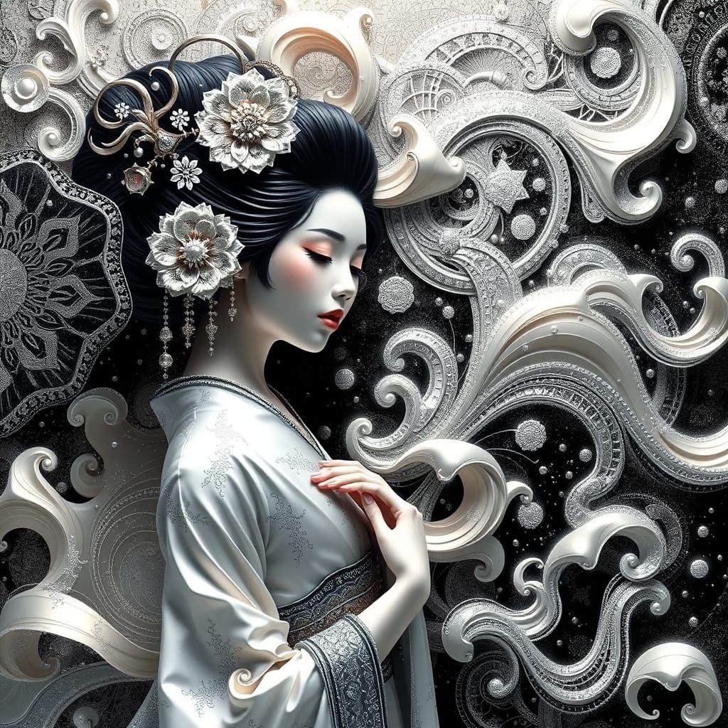 Abstract Geisha in White - Ethereal Geisha in Metallic Haze