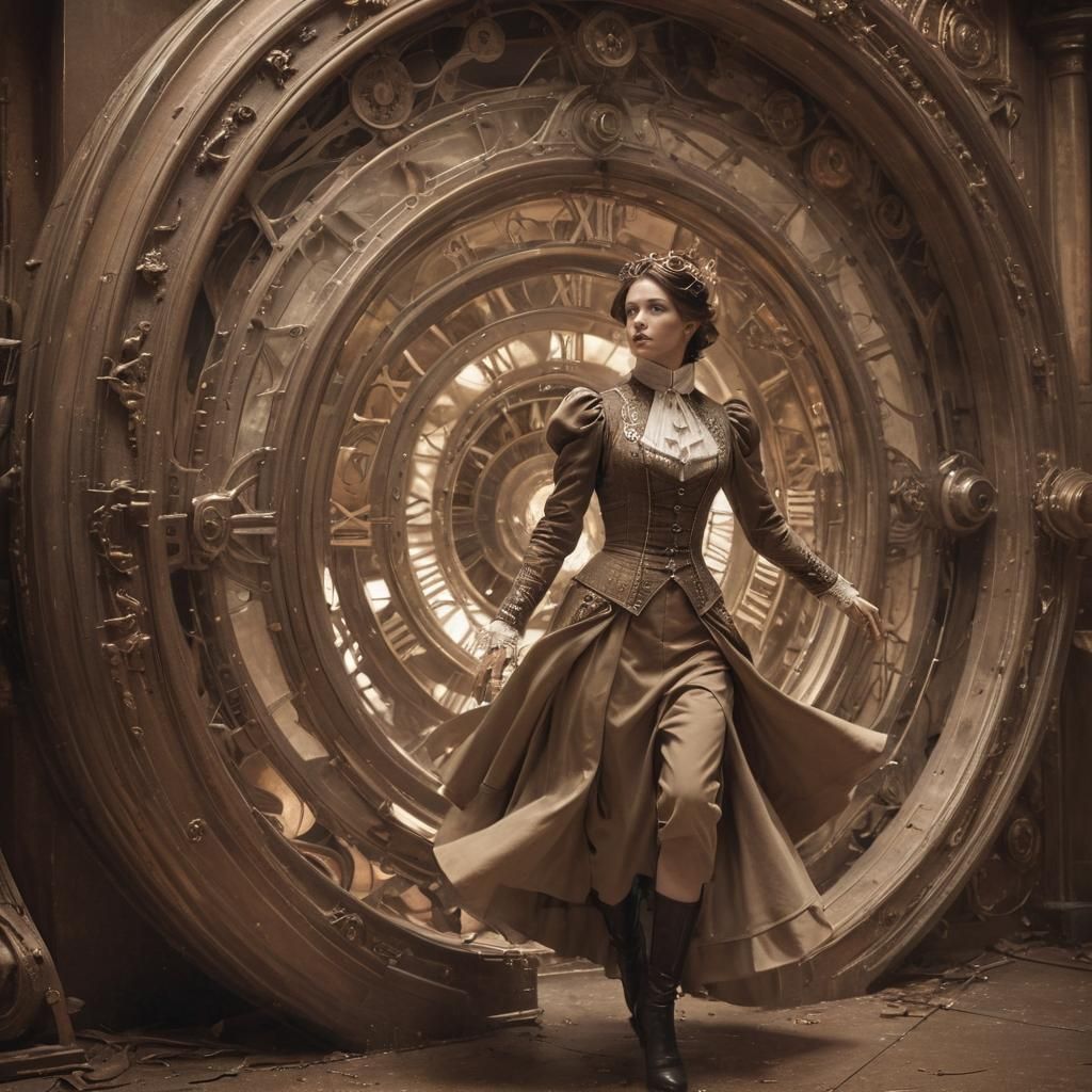 Woman poised at the brink of a temporal portal, vintage clockwork ...