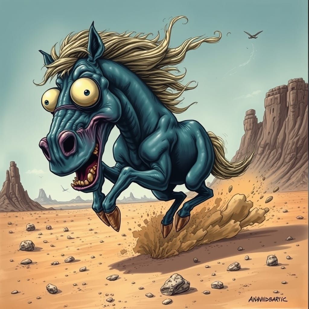 Temper tantrum alien horse in the style of mad magazine.