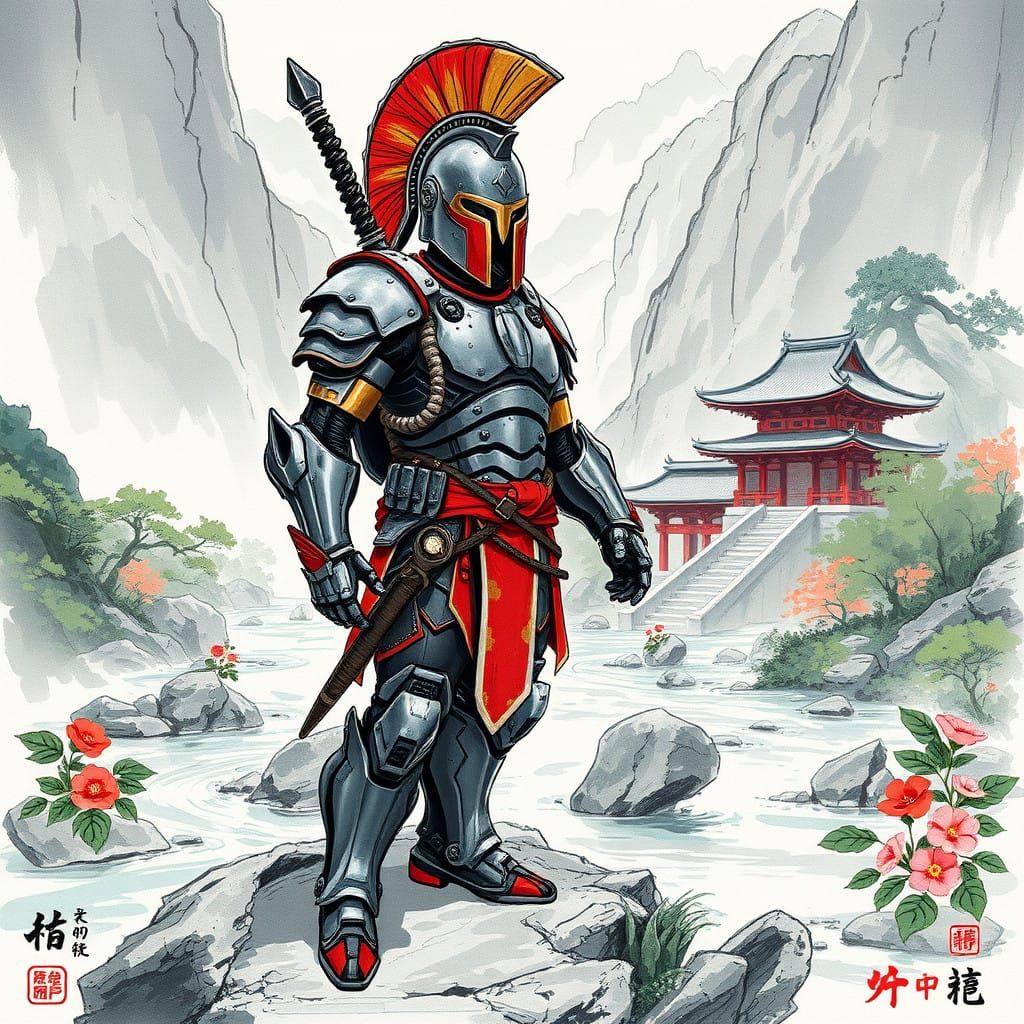 Cyborg Spartan Warrior in Traditional Chinese Land... - AI Art