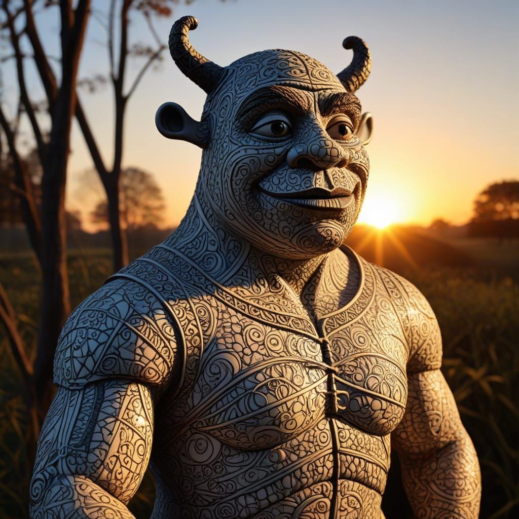 Shrek statue Zentangle chiaroscuro sunrise