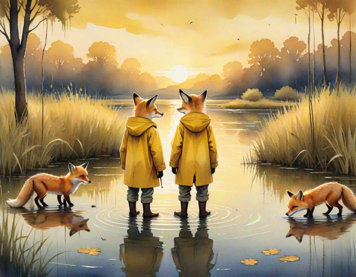 Foxy friends - Boy and Foxes in Dreamy Sunset Illustration