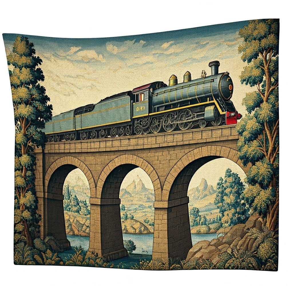 Medieval Train Crossing a Majestic Bridge in a Dre... - AI Art