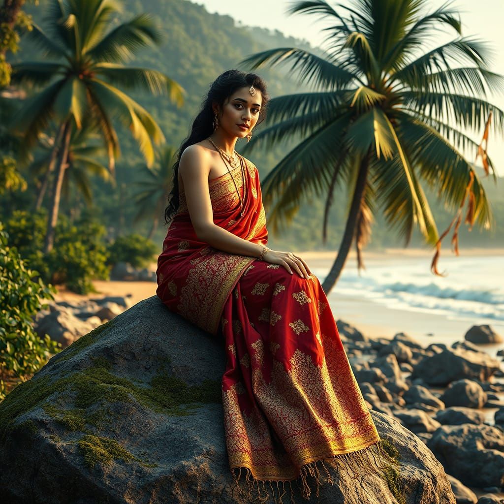 Woman in Vibrant Saree Amidst Tropical Oasis - AI Art