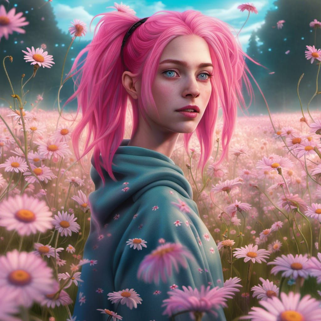 Pink Girl in Pink Daisies - AI Generated Artwork - NightCafe Creator