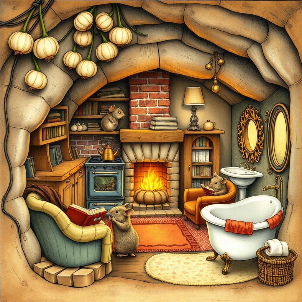 The Cozy Mouse House - Whimsical Mouse House Cutaway in Warm...