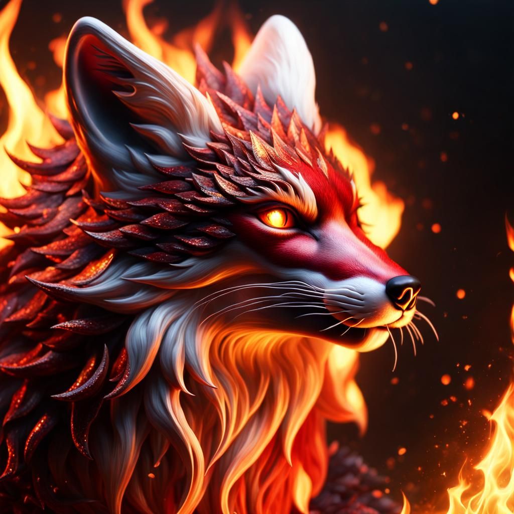 photorealistic final render of an epic FIRE fox made of roaring darkred ...