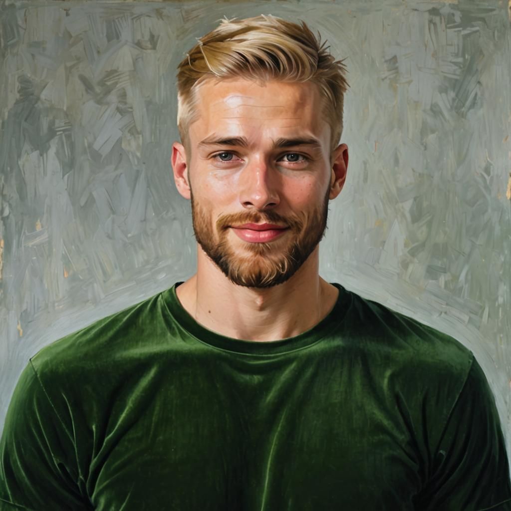 Alexander, a handsome blond man with beard, wearing an olive green ...