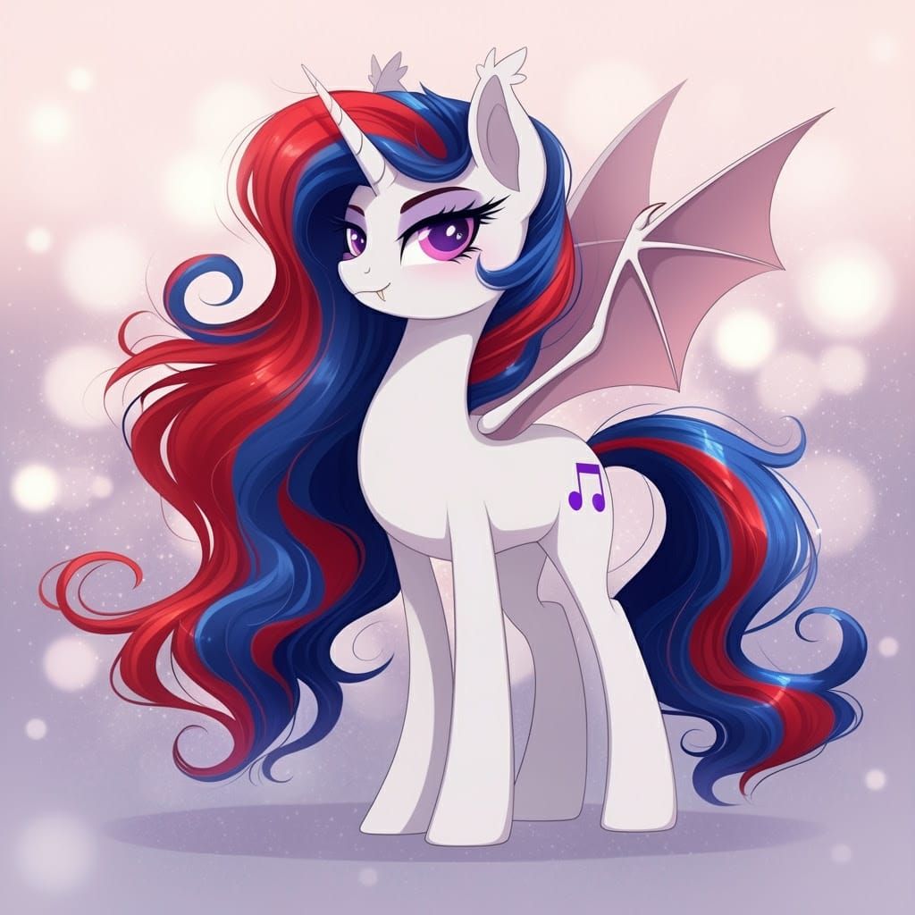 Majestic Bat Pony in Vibrant Red and Blue Hair, wi... - AI Art