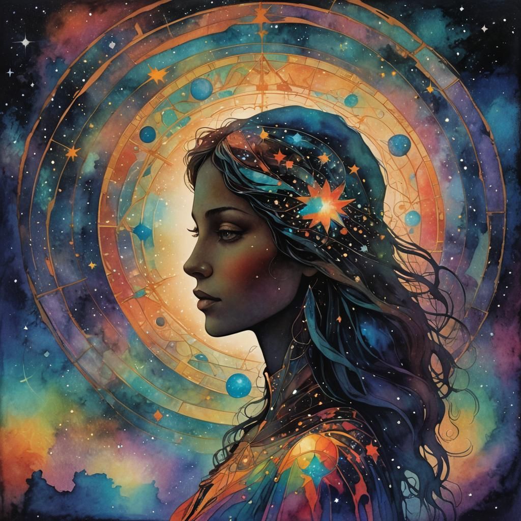 Psychedelic Colorful Silhouette, Cosmic portal, Stars, Woman; surreal ...