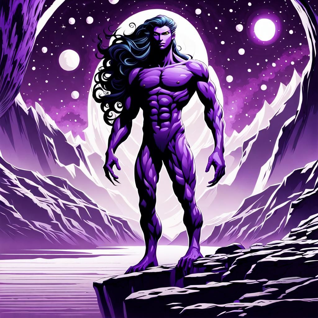 A Mythical Proto Human, With Purple Skin, Stood Upright, Whilst ...