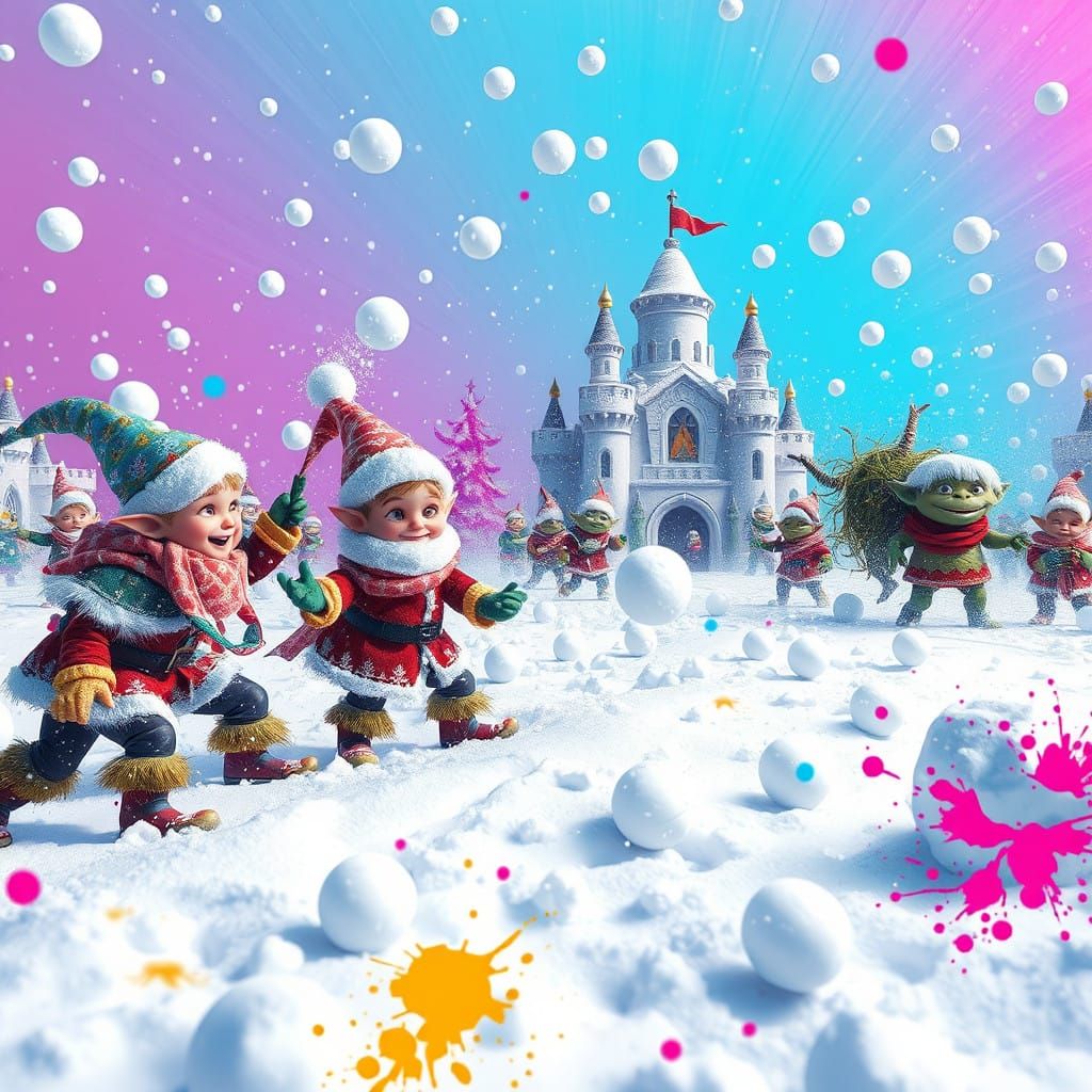 Santa's elves vs garden Trolls in a snowball fight. Snowball castles ...