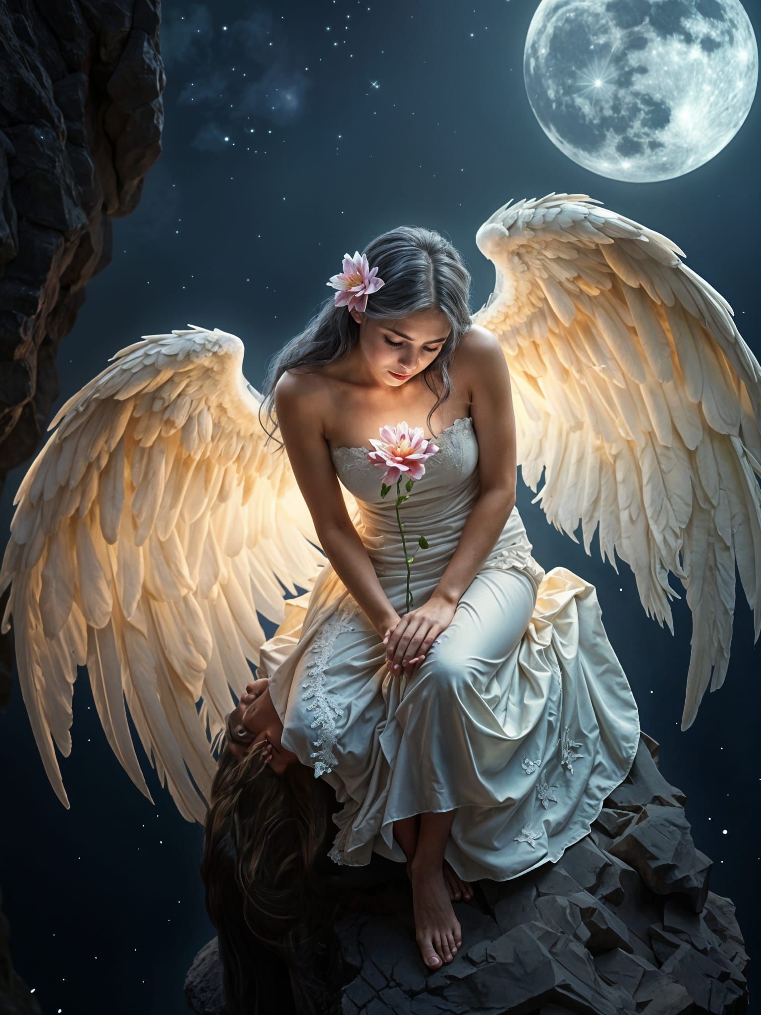 top-down view, looking up. A sorrowful female angel sitting on the edge ...