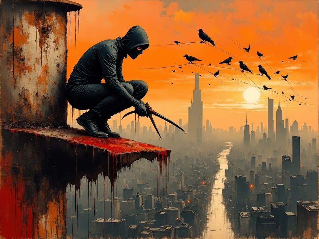 A masked assassin in tattered, dark attire crouches on the corroded ...