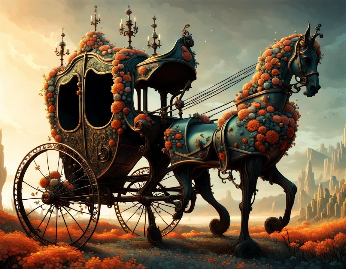 ancient gothic rococo carriage covered in gothic flowers, fairycore ...