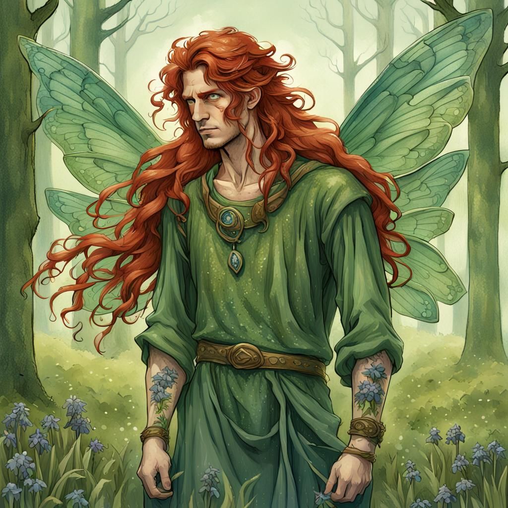 Red-haired fairy in a green dress with glittery green wings in a fairy ...