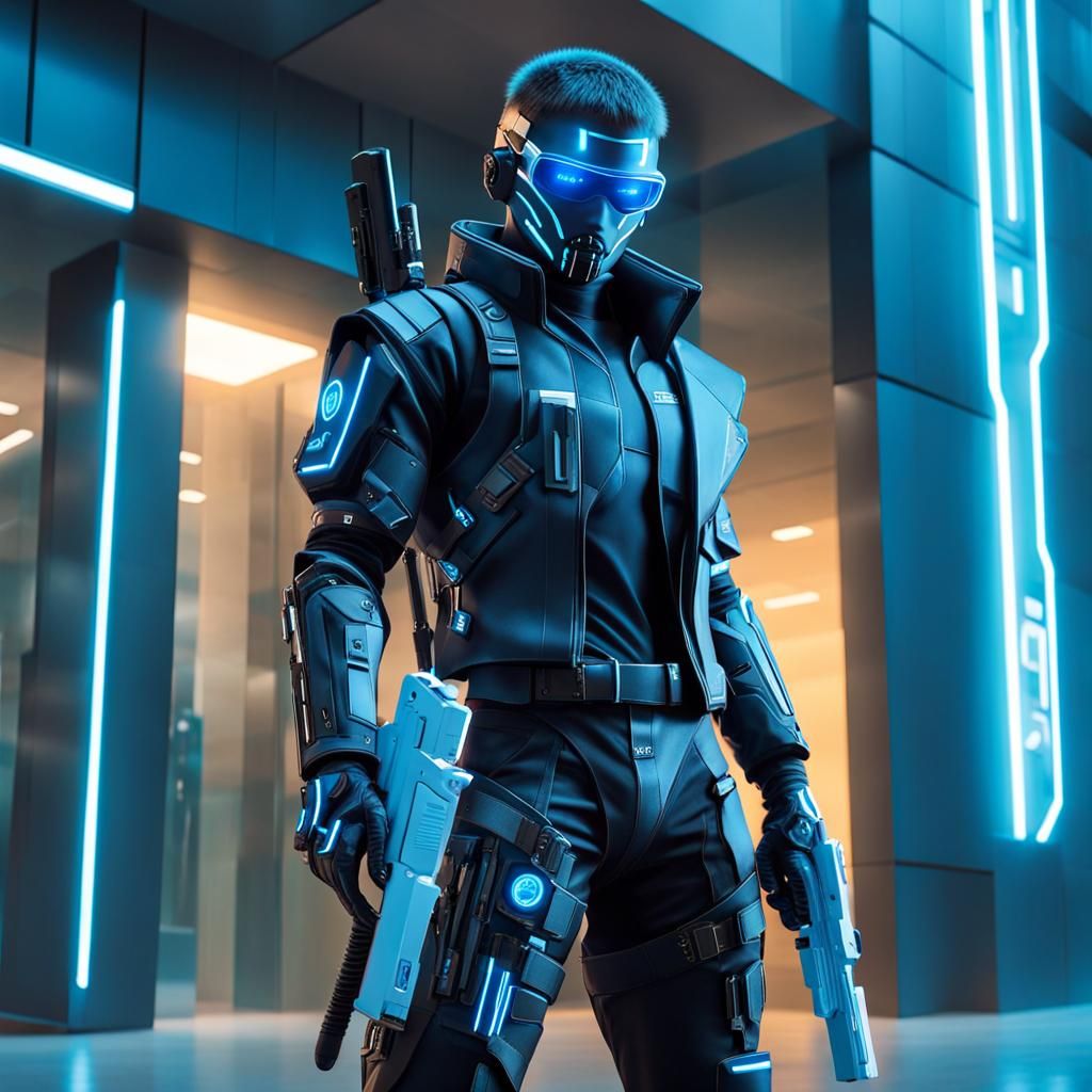Cool security cyborg agent black blue cyberpunk style - AI Generated ...
