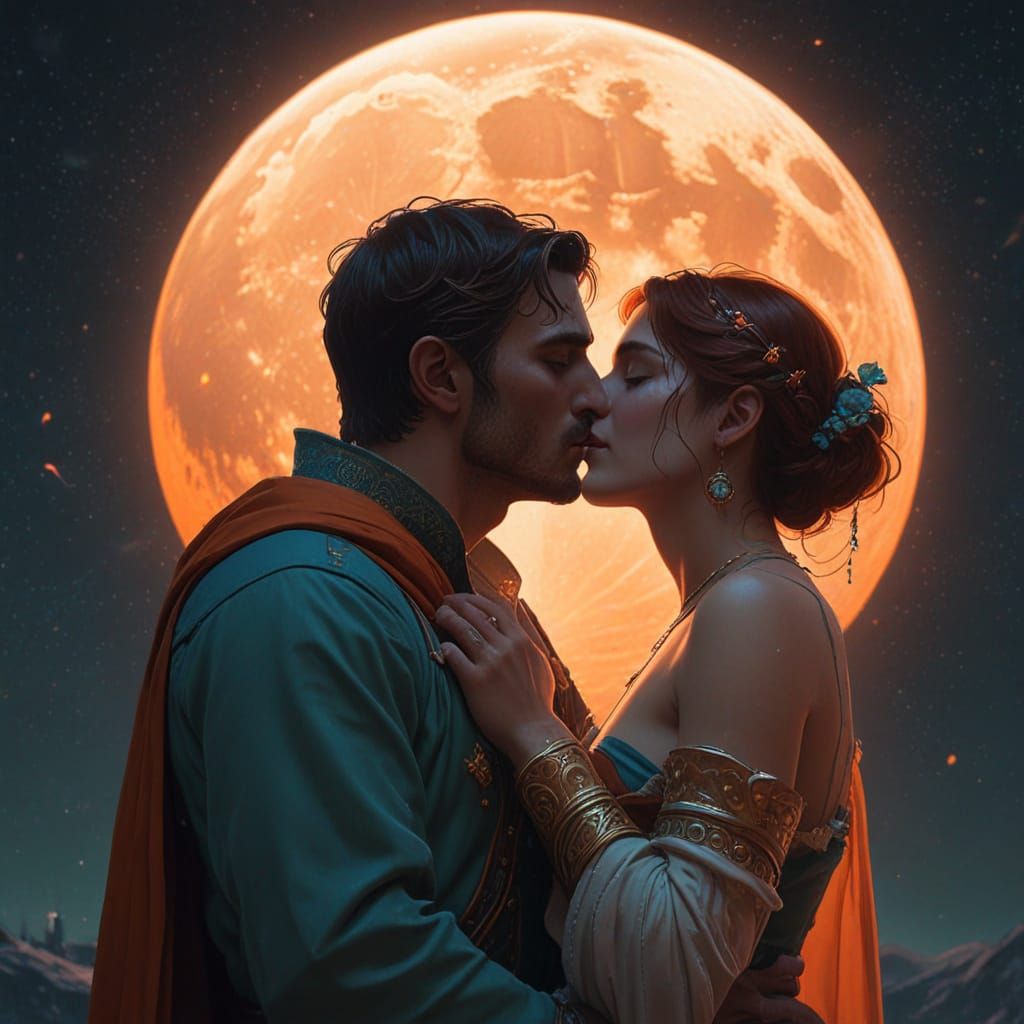 Romantic Couple Under Lunar Eclipse Glow - AI Art