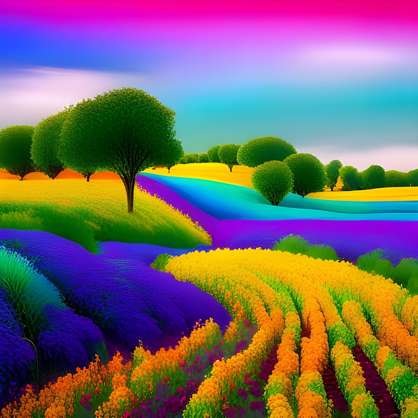 brightly colored landscape with flowering plants and a colorful sky ...