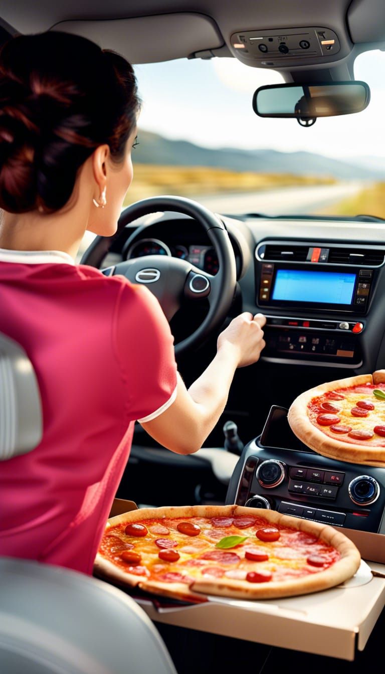 woman driving car with pizza oven in the dashboard, Professional ...