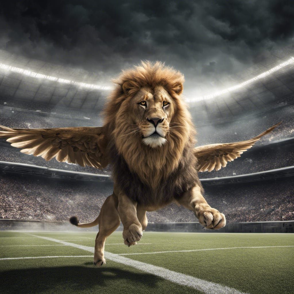 A lion flying in a football stadium with beautiful wings, image and, high quality - AI Generated ...