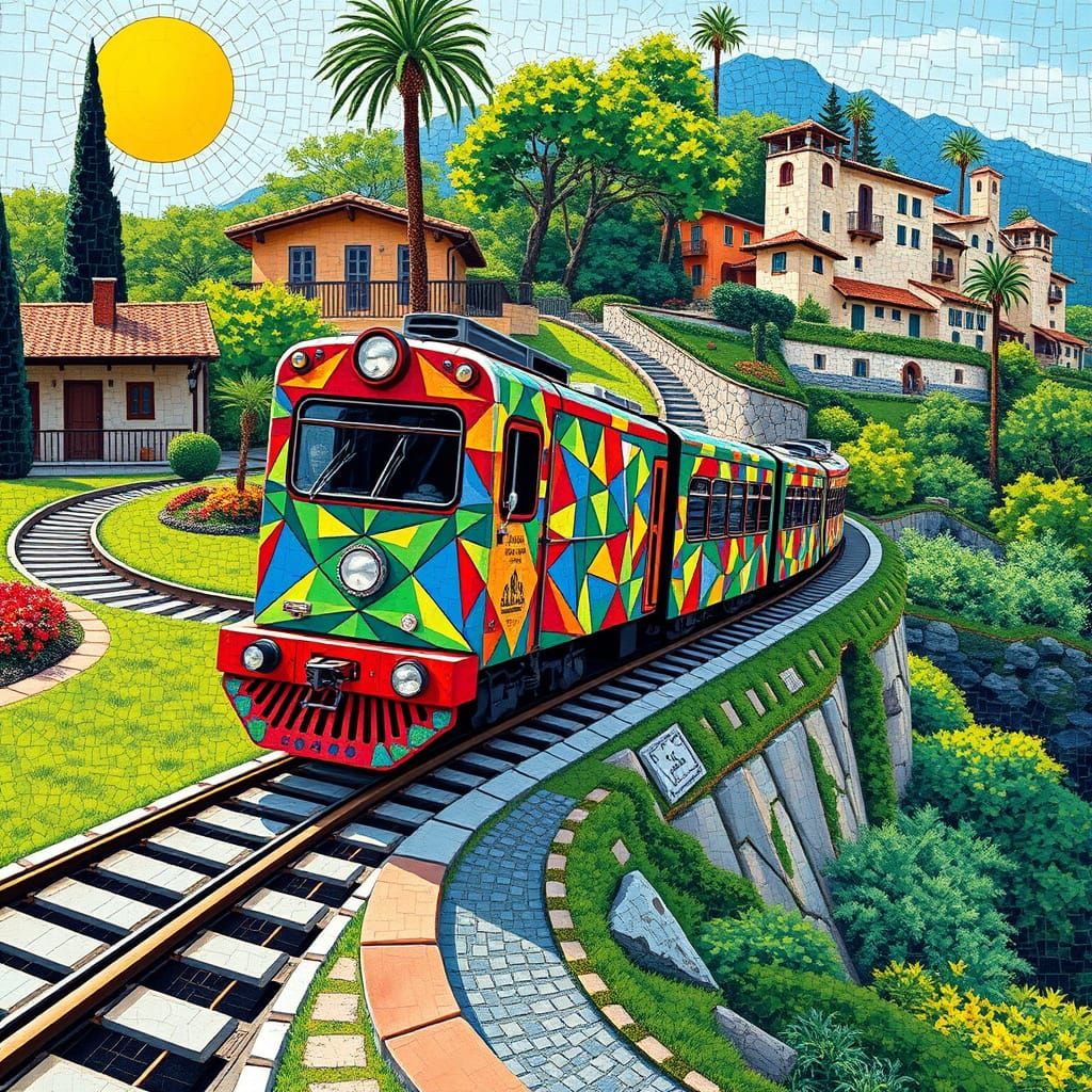 Mosaic train - Vibrant Mosaic Train in Sun-Drenched Landsca...