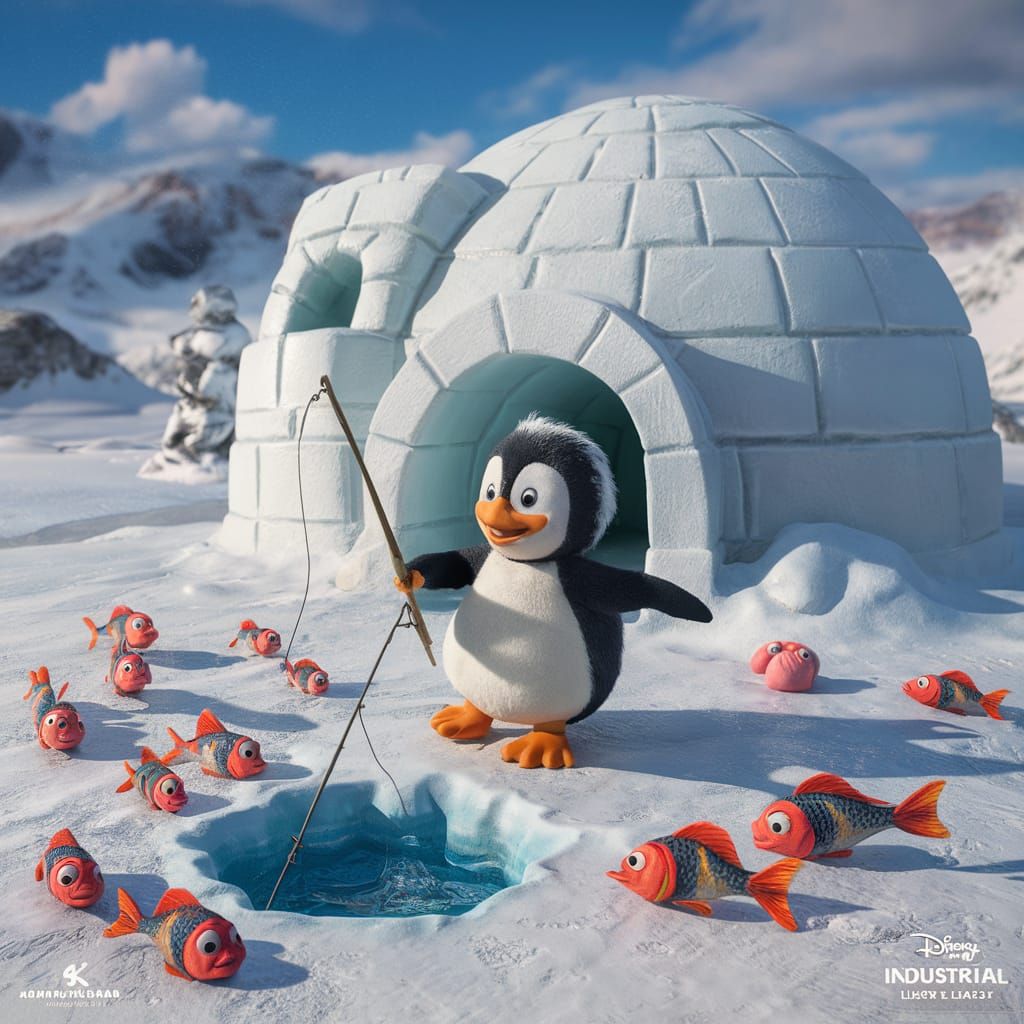 Pingu, claymation young penguin, in the arctic snow with a cartoon ...