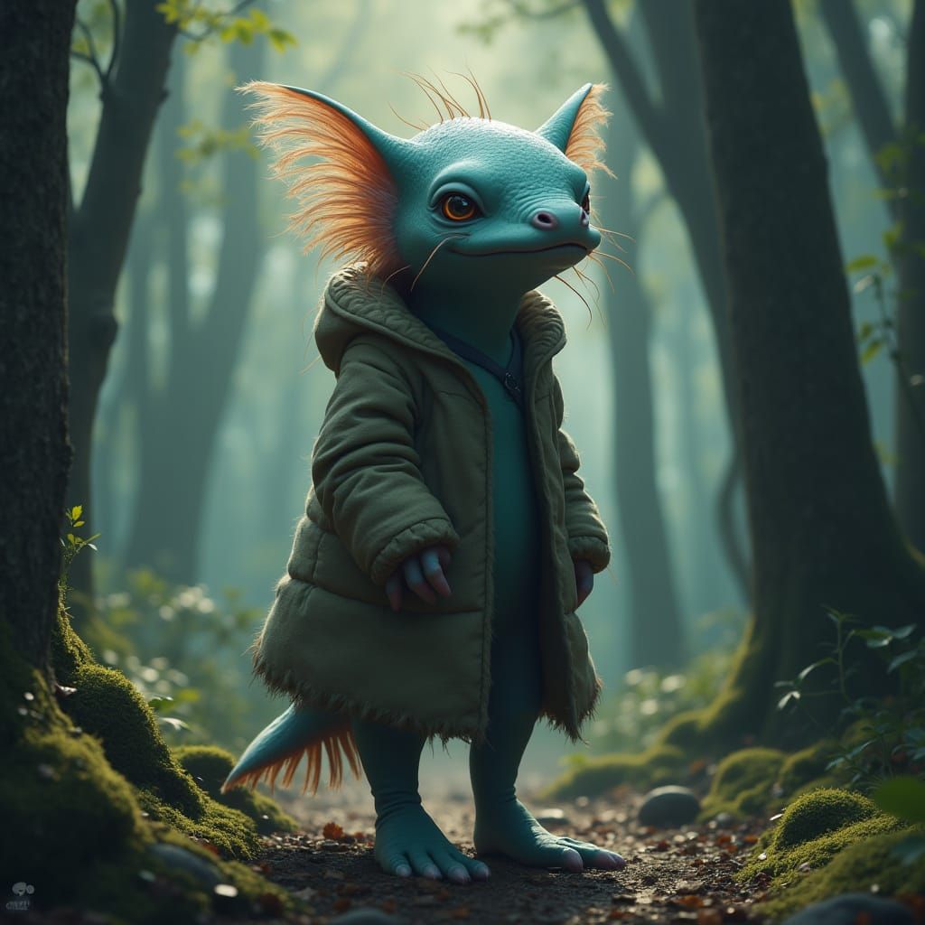 Mystical Forest Encounter: Axolotl Humanoid in Wol... - AI Art