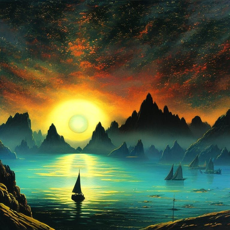 the dark boat going out over the darkening water - AI Generated Artwork ...