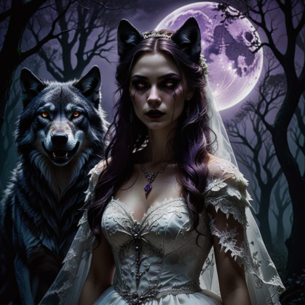 Волчица невеста - Wolf Bride in Dark Fantasy Moonlit Scene