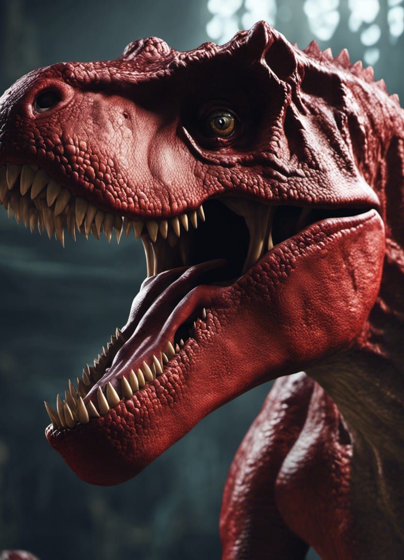 A photograph portrait of Red Tyrannosaurus Rex Epic cinematic brilliant ...