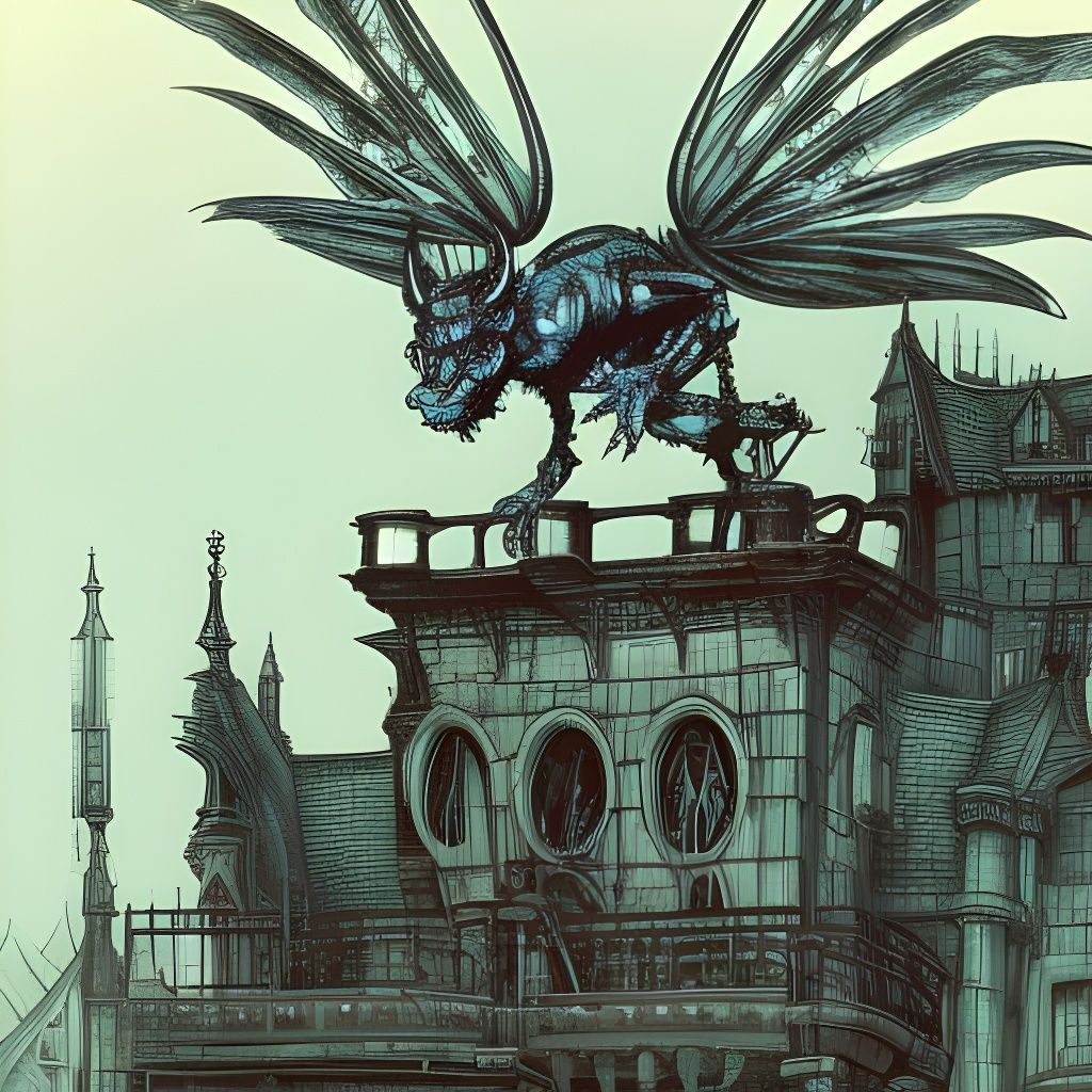 Crendering of a beautiful mechanical gargoyle perched on a castle ...