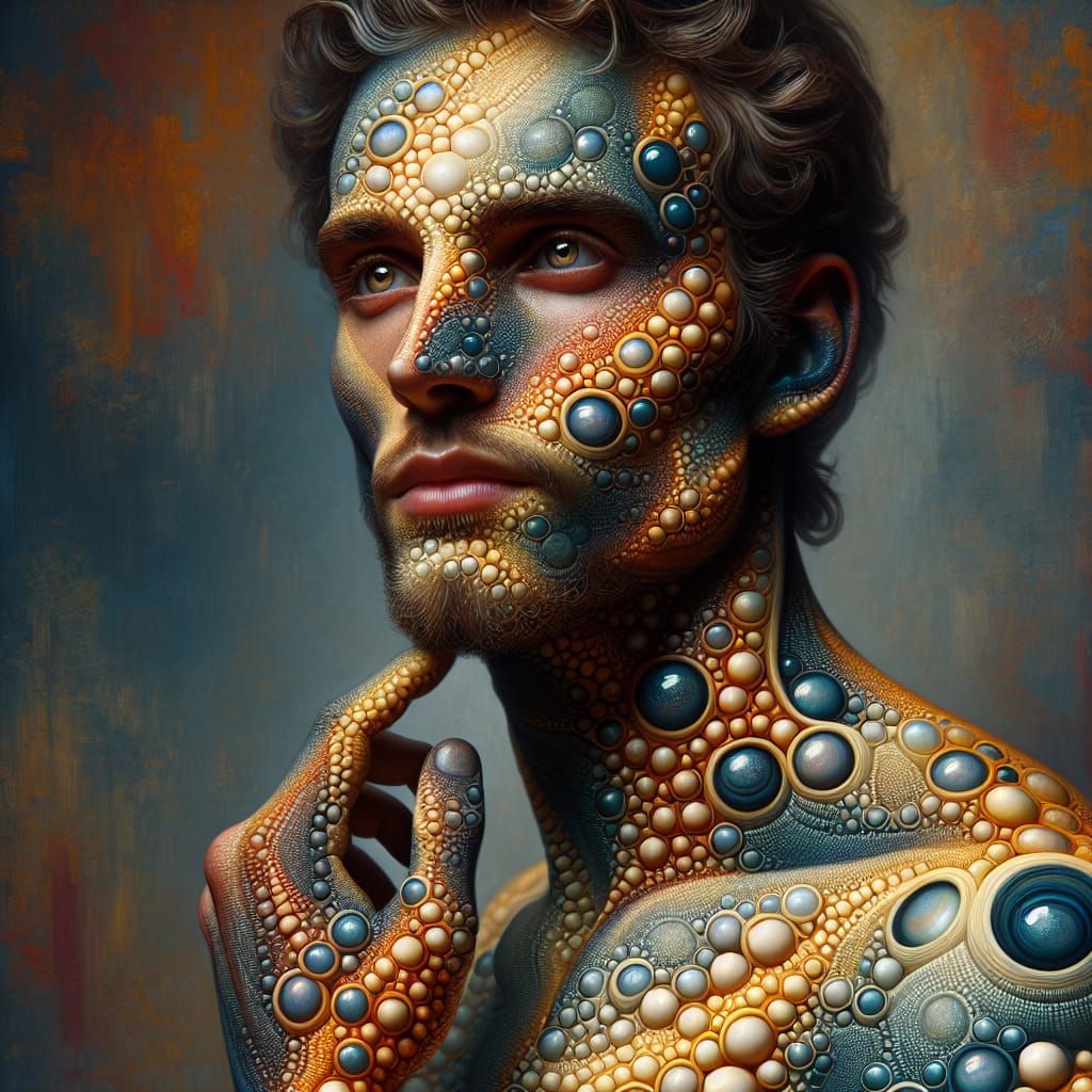 A beautiful vibrant man with unique bubbles like patterns across his ...