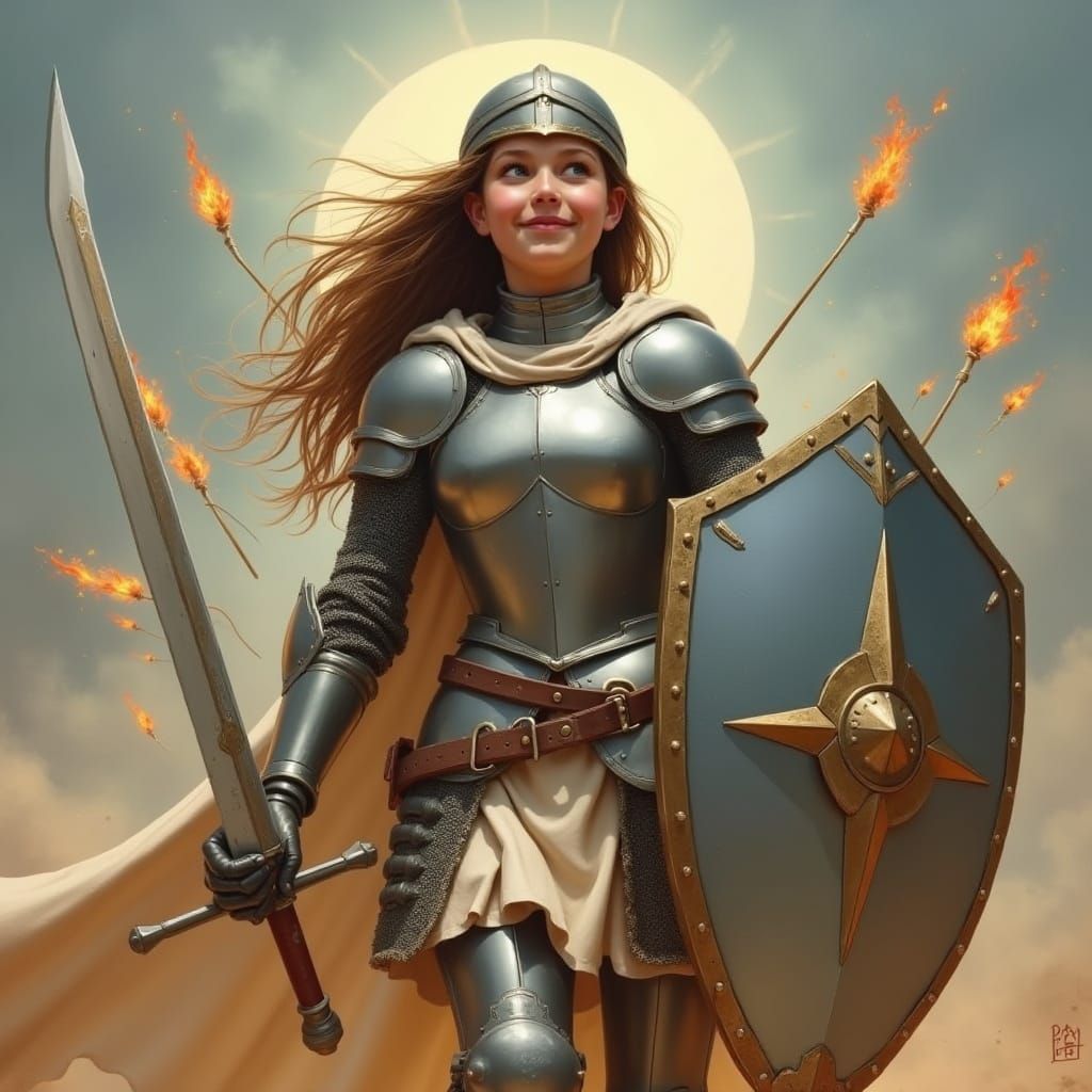 LITTLE GIRL CHILD WARRIOR IN THE ARMOR OF GOD. FLAMING ARROWS ARE ...