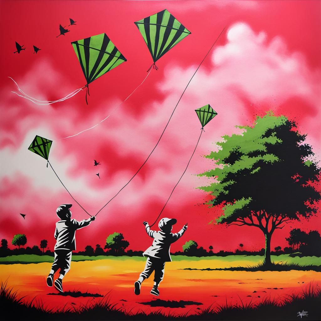 Kite Flying Banksy Style - AI Generated Artwork - NightCafe Creator