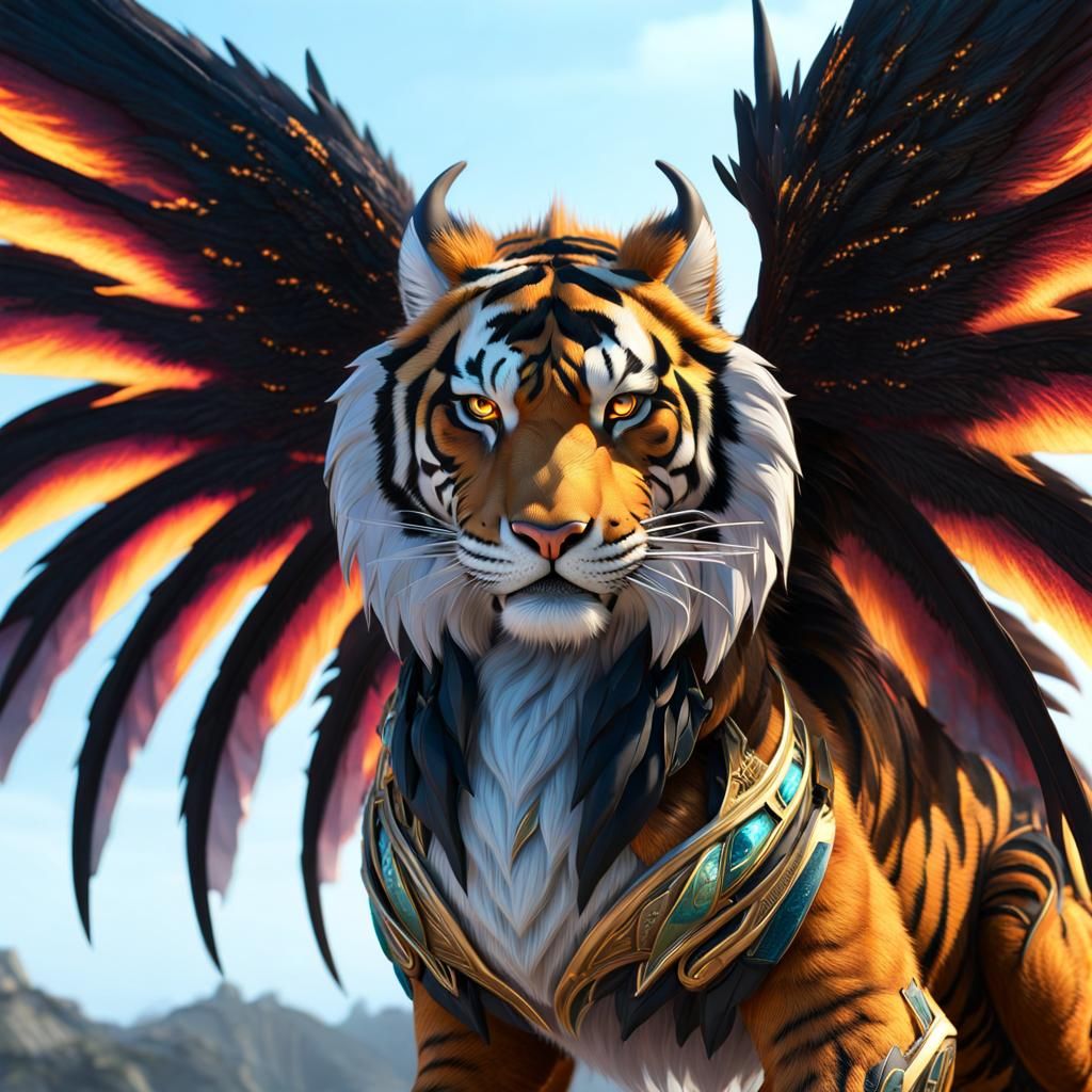 winged tiger dragon hybrid, large sparking eyes, intricate colored ...