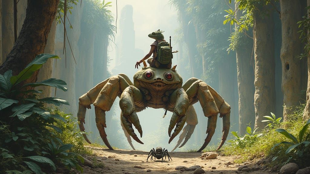 Ancient Lizard Explorer on Giant Crab Creature Thr... - AI Art