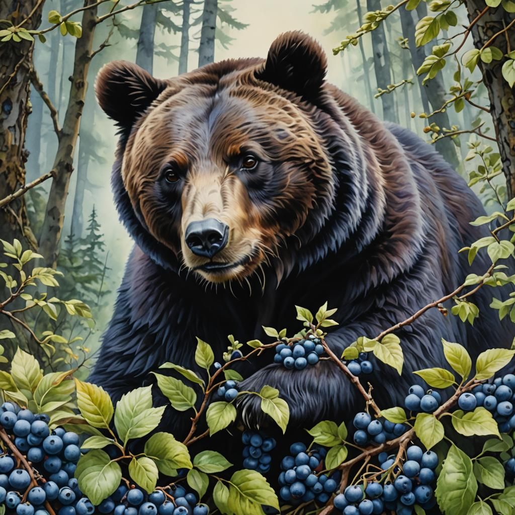 A brown-bear eating blueberries - AI Generated Artwork - NightCafe Creator