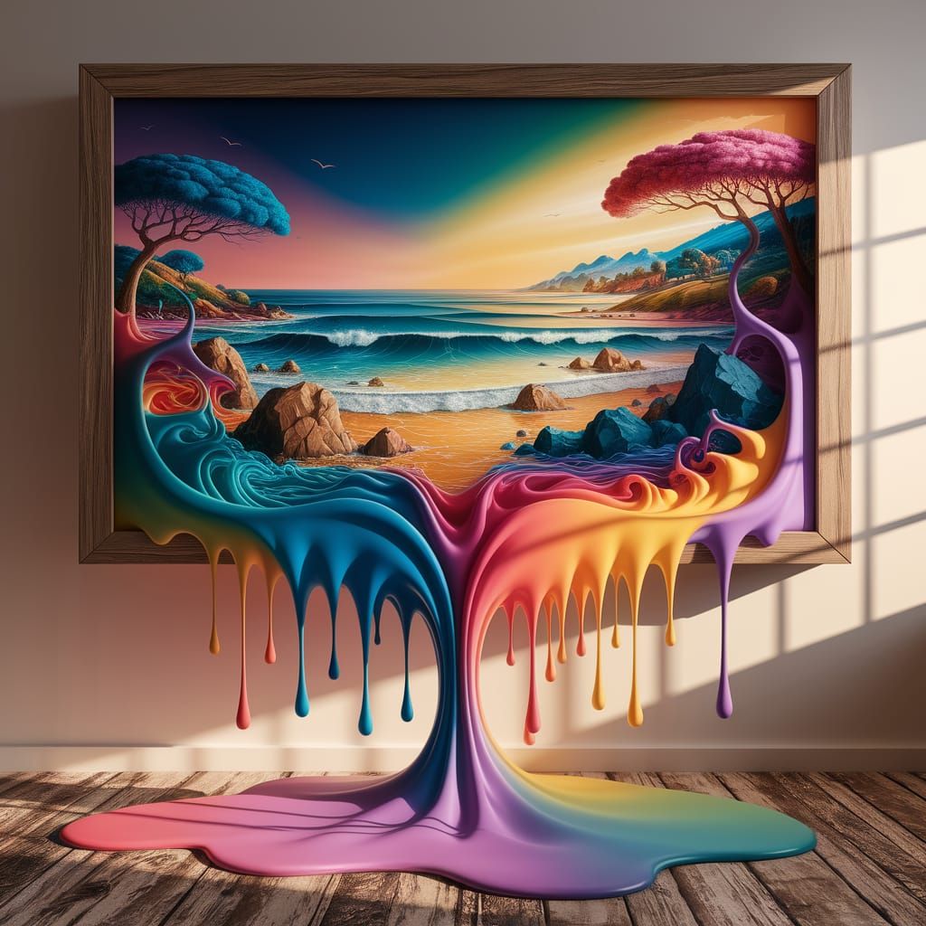 In a vivid, surreal Salvador Dali painting within a wooden frame ...