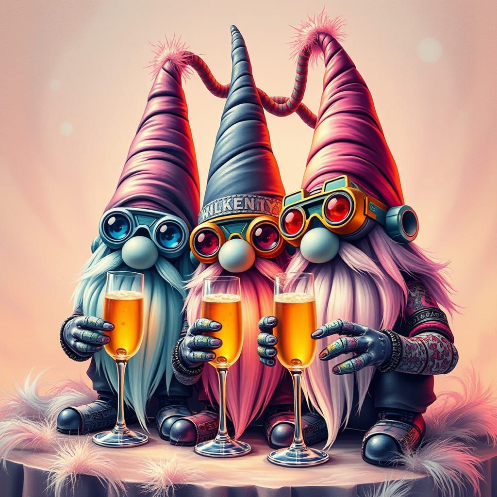 DMT machine gnomes celebrating New Year's eve
