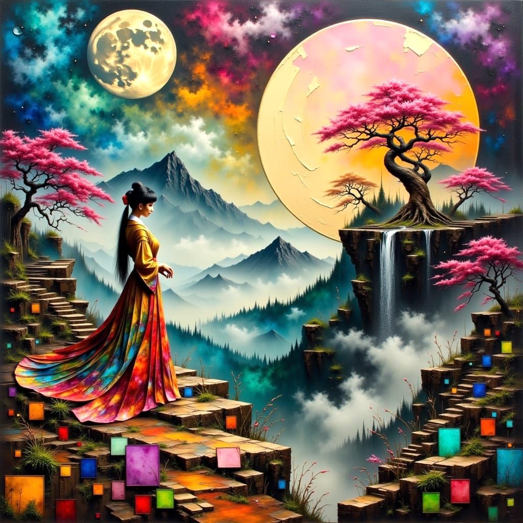 Surreal Japanese Woman Amidst Ancient Cherry Bloss... - AI Art