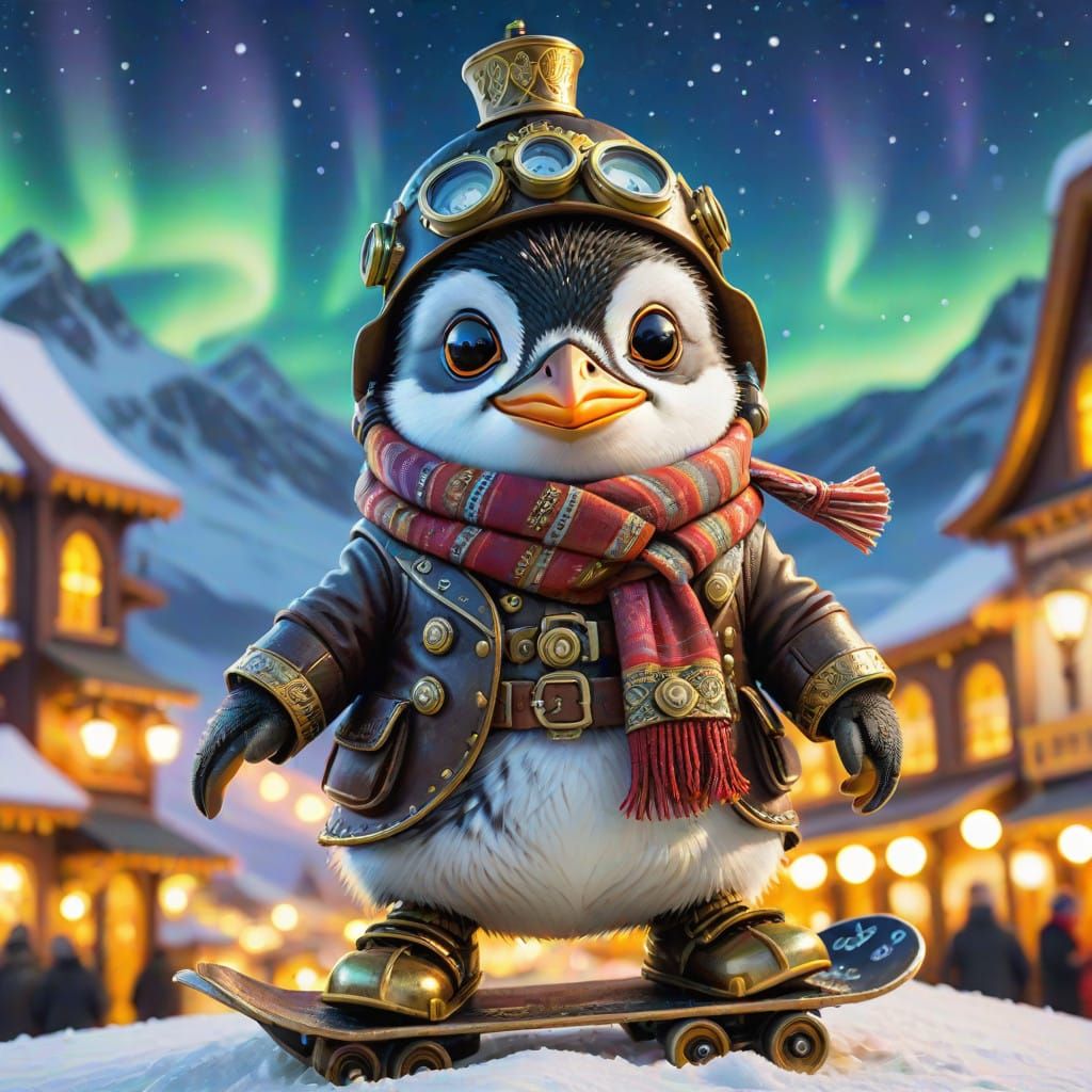 Steampunk Rockhopper Penguin on Mechanical Snowboard under the Southern ...