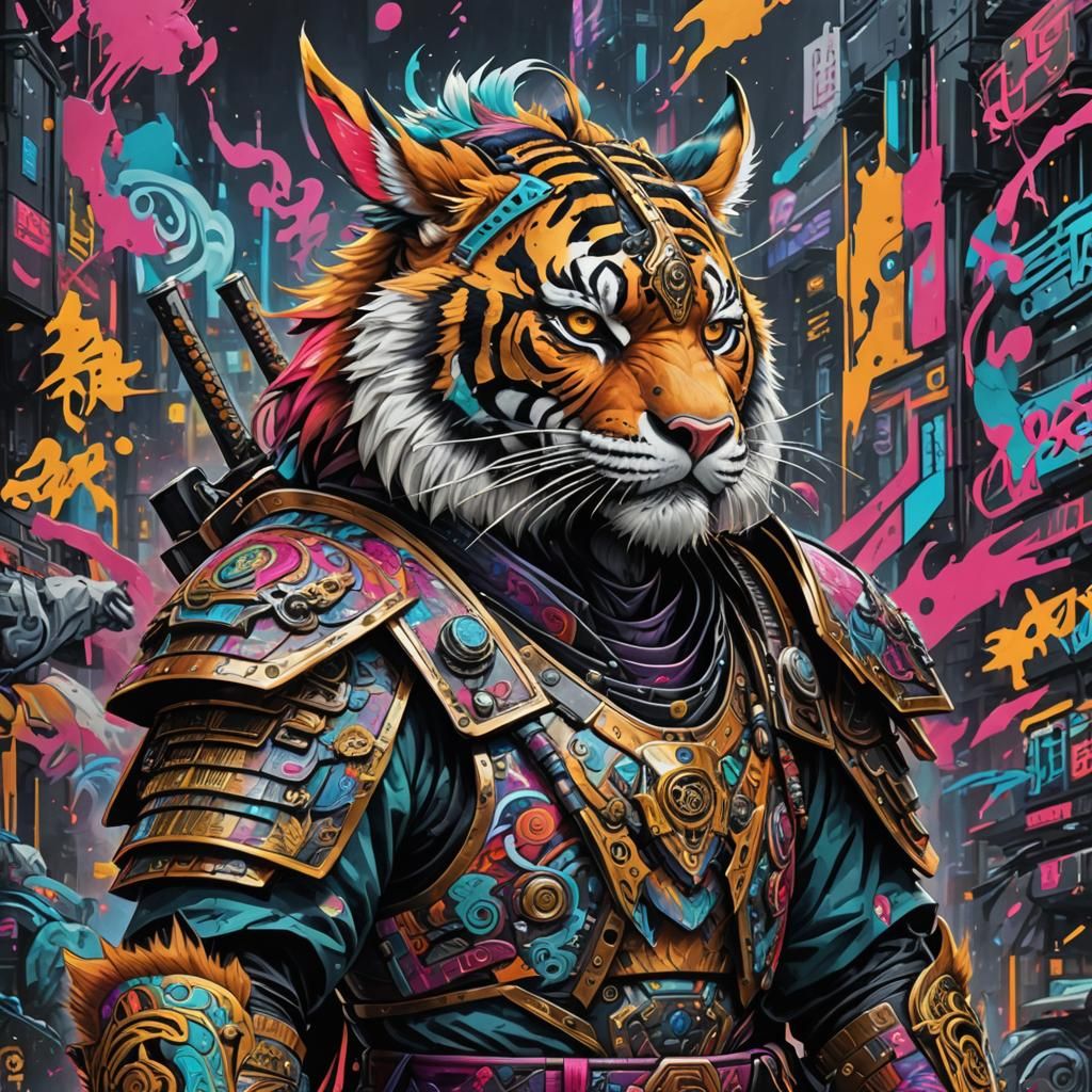 intricately detailed cyberpunk (furry samurai-tiger:1,5) wears ...
