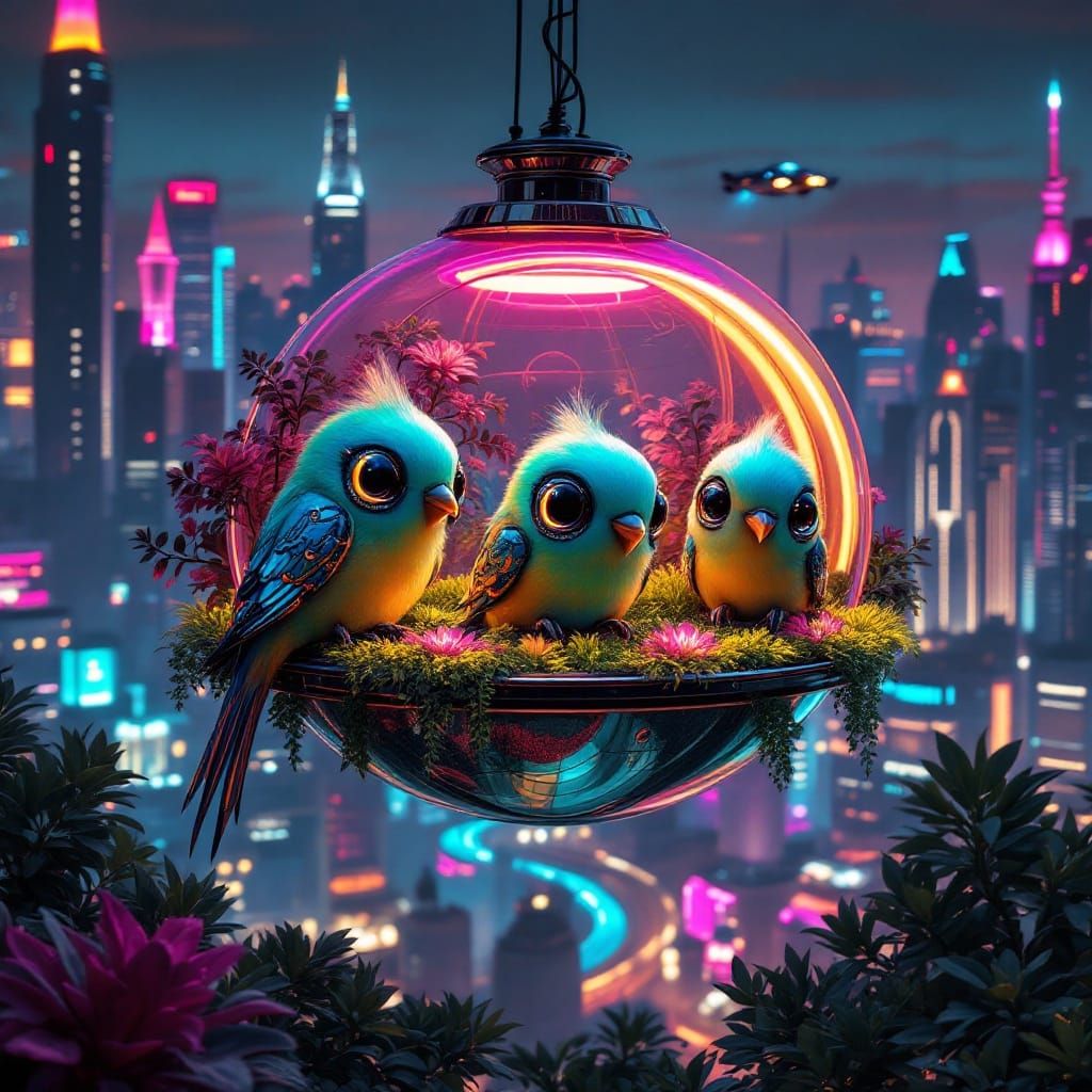 Smart Birdhouse 2051 - Cyborg Birds Perched on Art-Deco Bird...