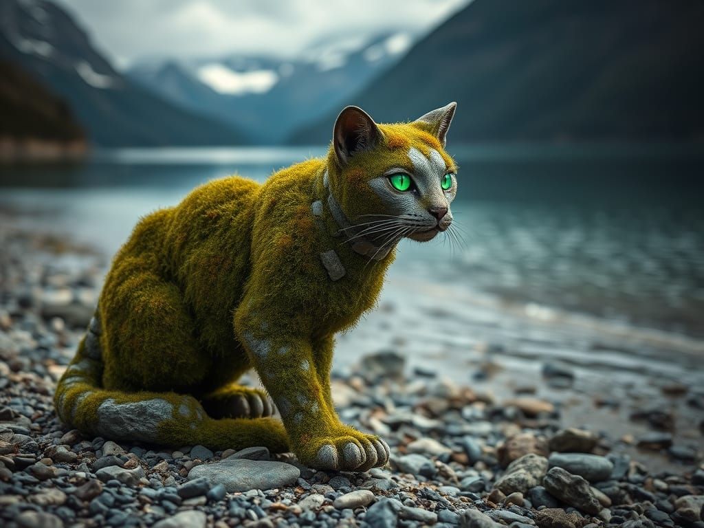 Moss-Covered Feline of Living Stone Strolls by Mou... - AI Art