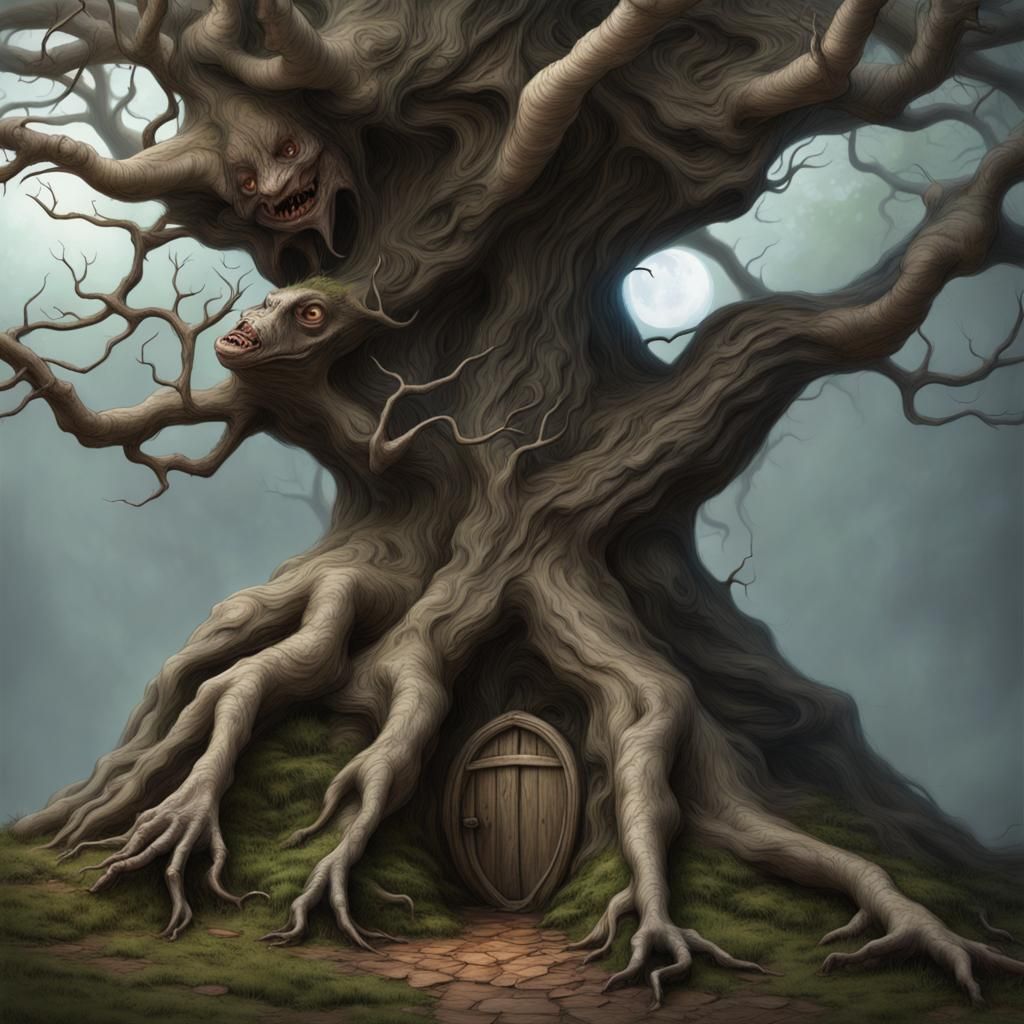 Ugly fairy tale tree, hyperrealism, fantasy, Brian Froud, Ed Blinkley ...