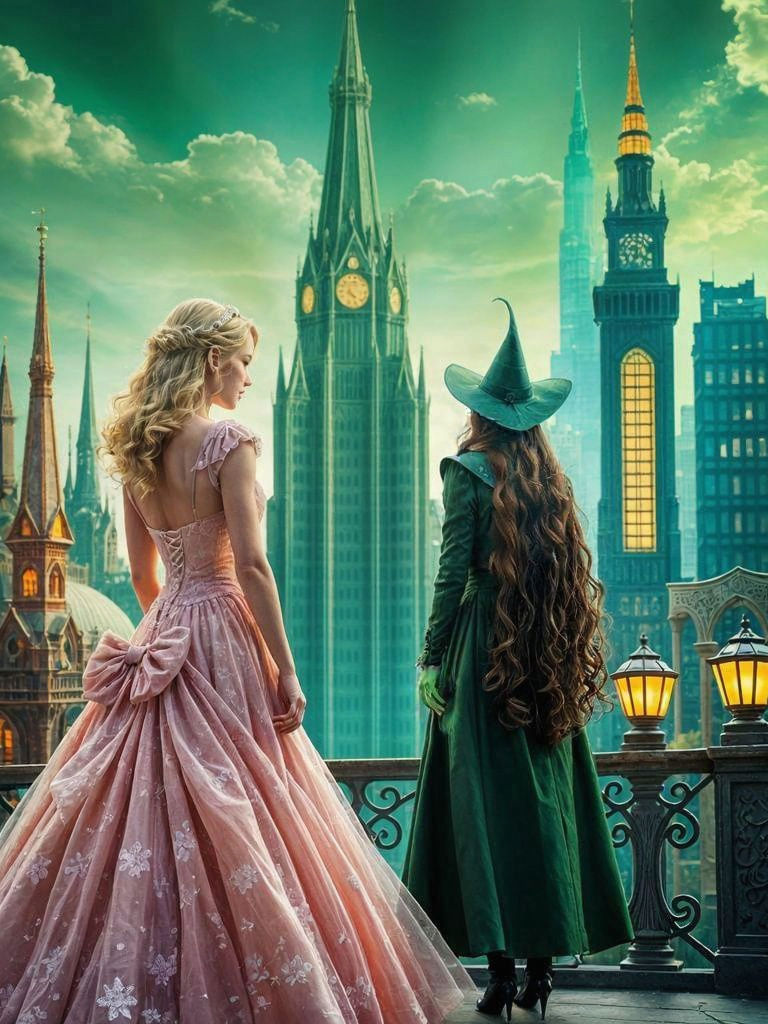 Wicked" movie scene , in the Emerald City, Glinda and Elphaba