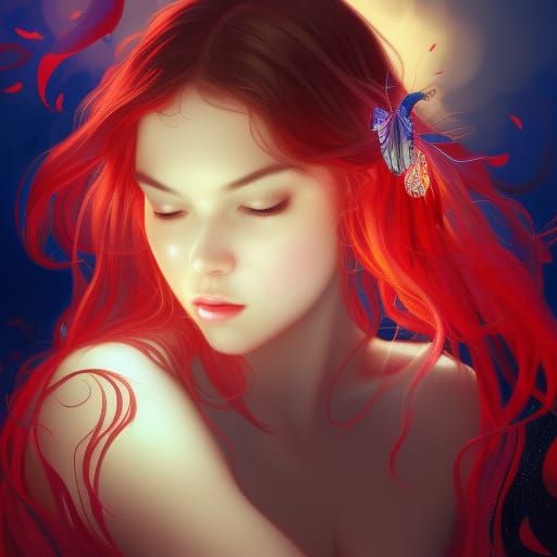 crying princess surrounded by glowing red butterflies with a dark beach ...